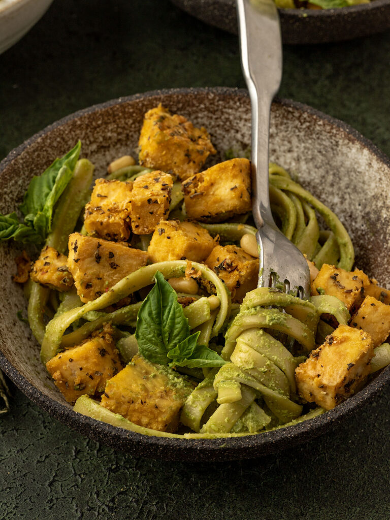 Vegan Pesto Tofu Pasta - ShortGirlTallOrder