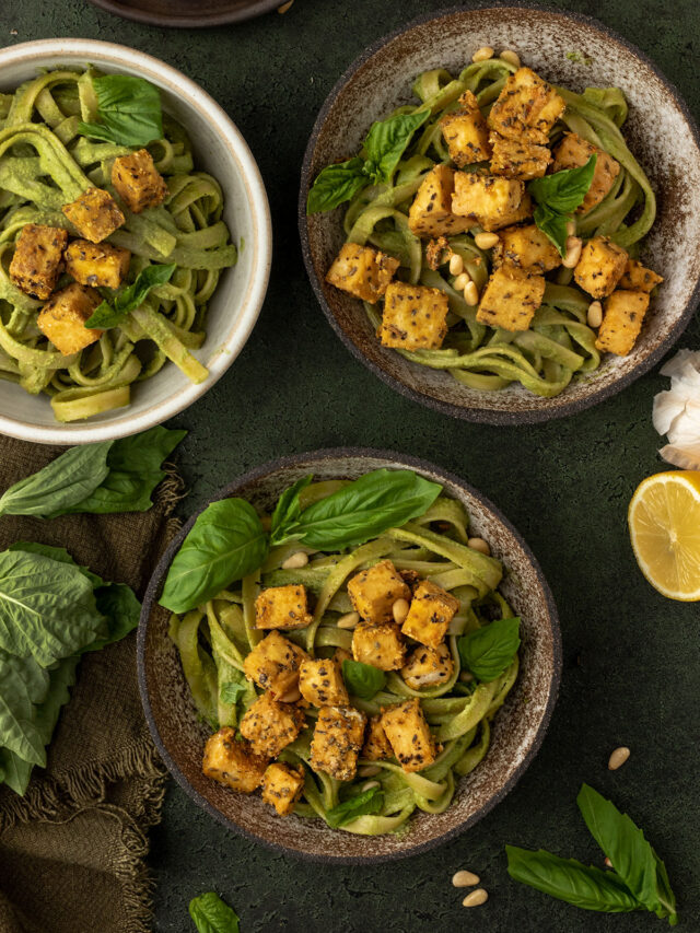 Vegan Pesto Tofu Pasta - ShortGirlTallOrder