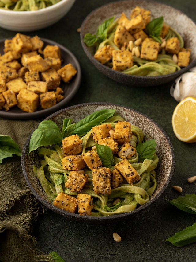 Vegan Pesto Tofu Pasta - ShortGirlTallOrder